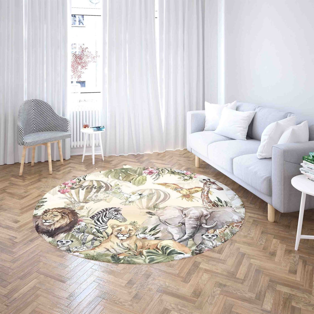 Jungle Animals Rug Safari Nursery Carpet Baby Room Playmat Custom Name ...