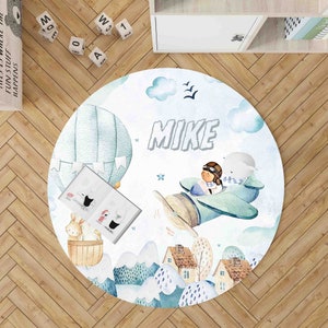 Flying Airplane Round Carpet Little Aviator Rug Custom Name Nursery Mat ...
