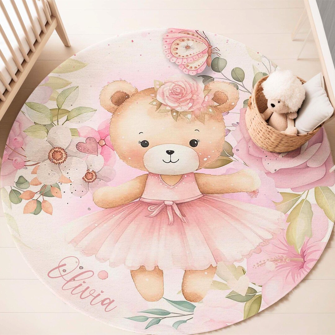 Teddy Bear Nursery Rug Baby Girl Playmat Custom Name Carpet Girls Room ...