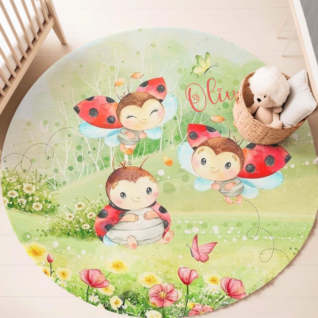 Ladybug Nursery Rug Ladybird Carpet Baby Girl Room Decor Spring Floral ...
