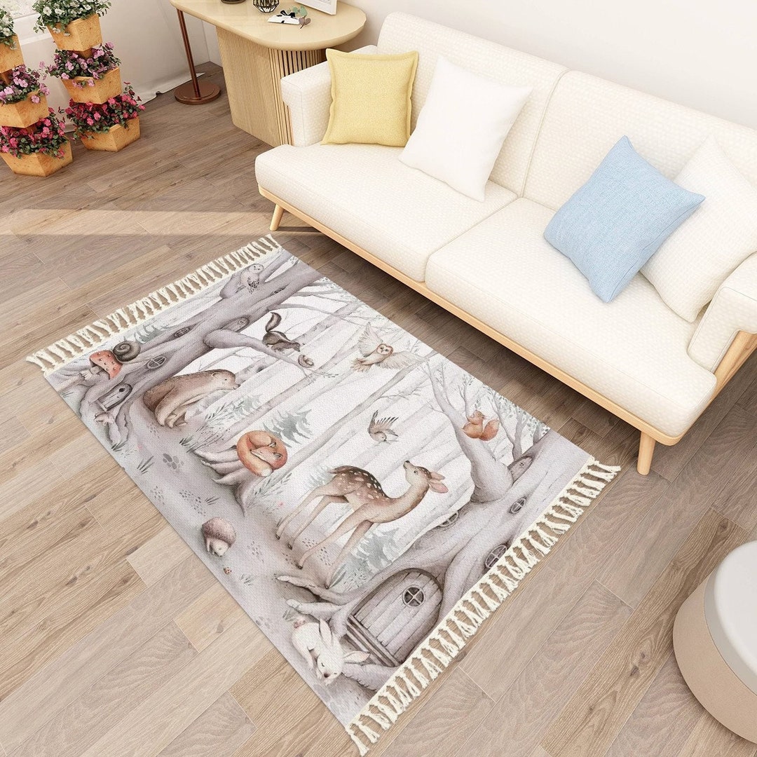 Forest Animals Cotton Rug Woodland Animal Tassel Carpet Custom Cotton ...