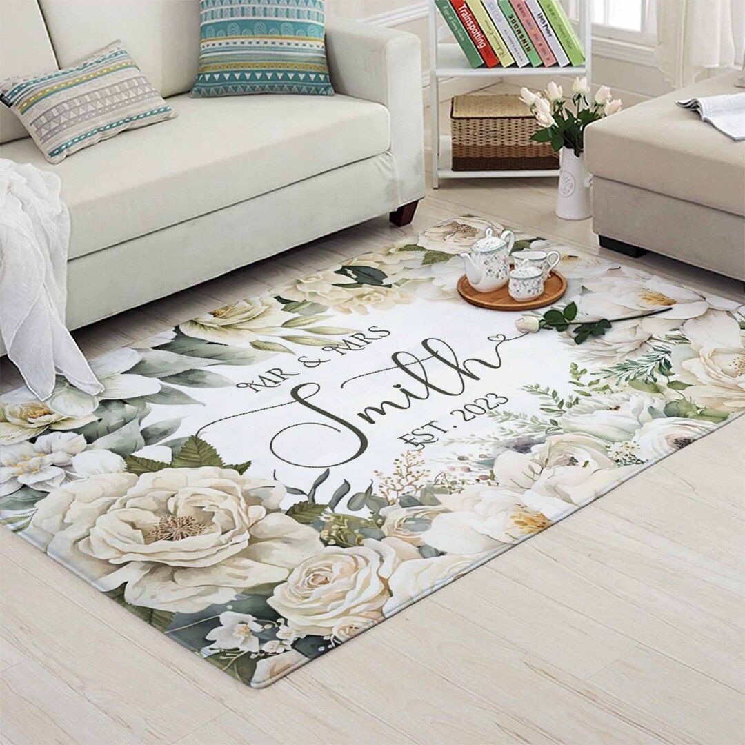 White Peonies Rug Custom Family Name Rug Mr Mrs Wedding Mat Couple Gift ...