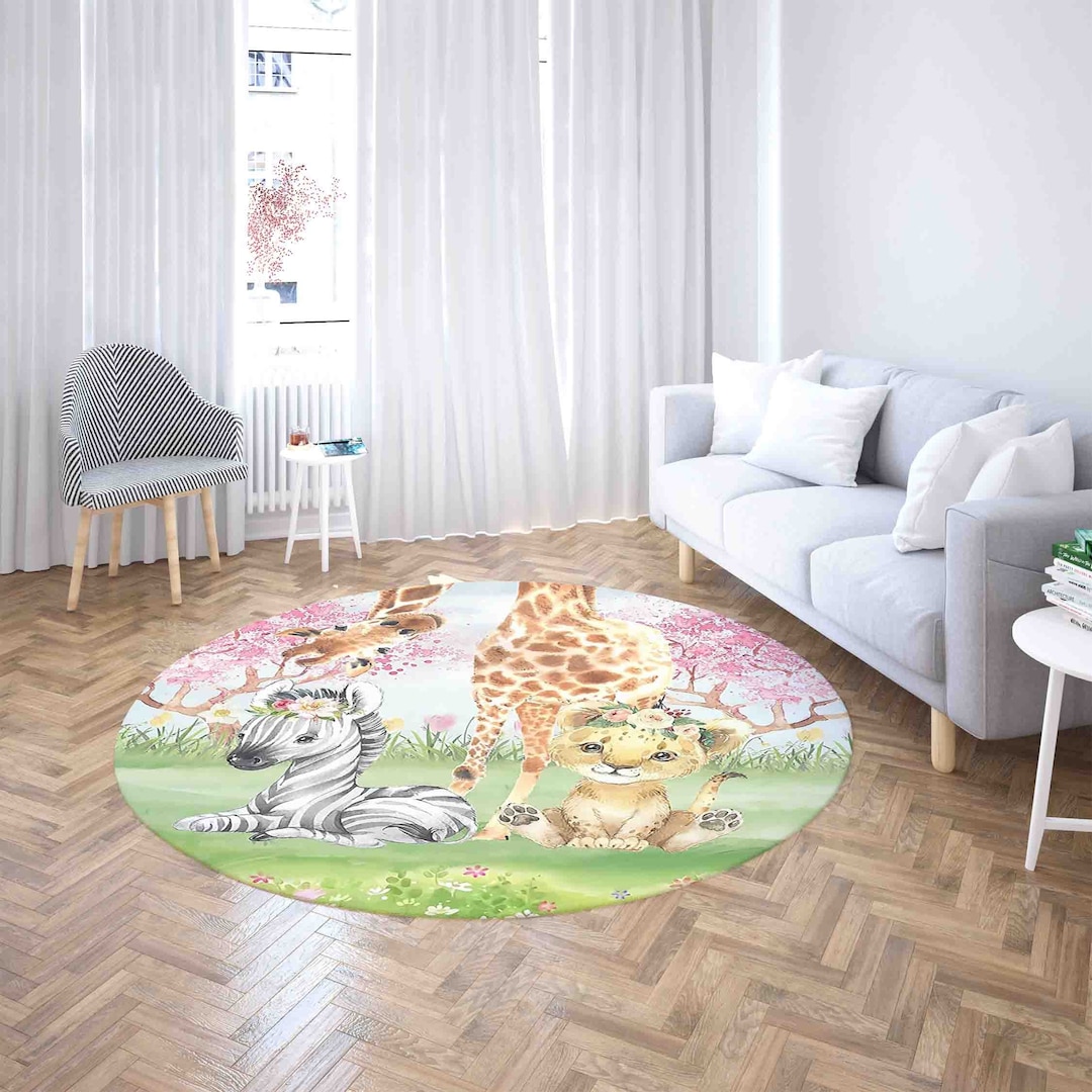 Wild Animals Round Rug, Baby Zebra Lion Giraffe Nursery Mat, Safari ...