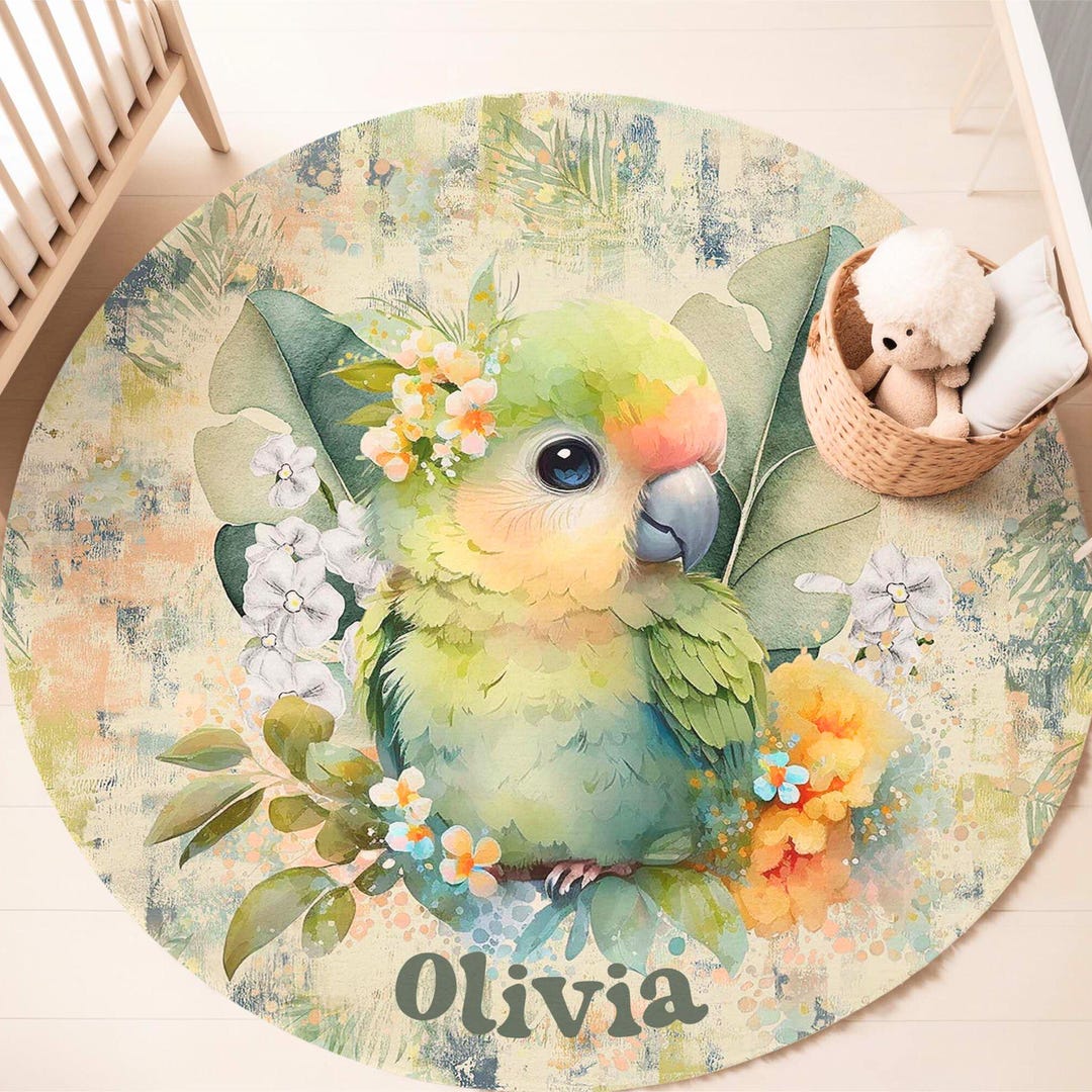 Baby Parrot Nursery Rug Bird Animal Round Carpet Floral Baby Room Decor ...