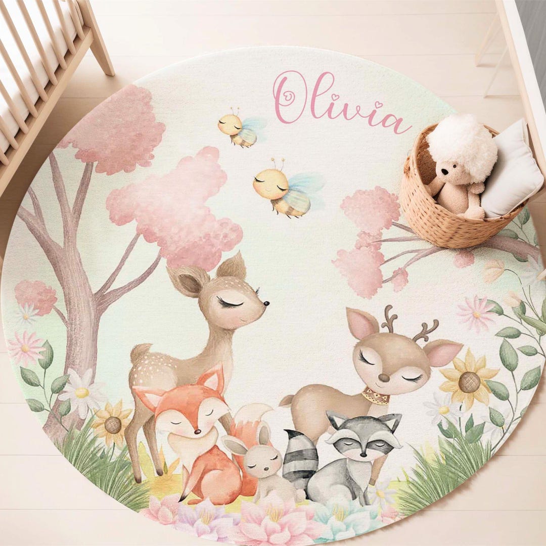 Woodland Animals Nursery Rug Spring Floral Carpet Baby Girl Room Decor ...