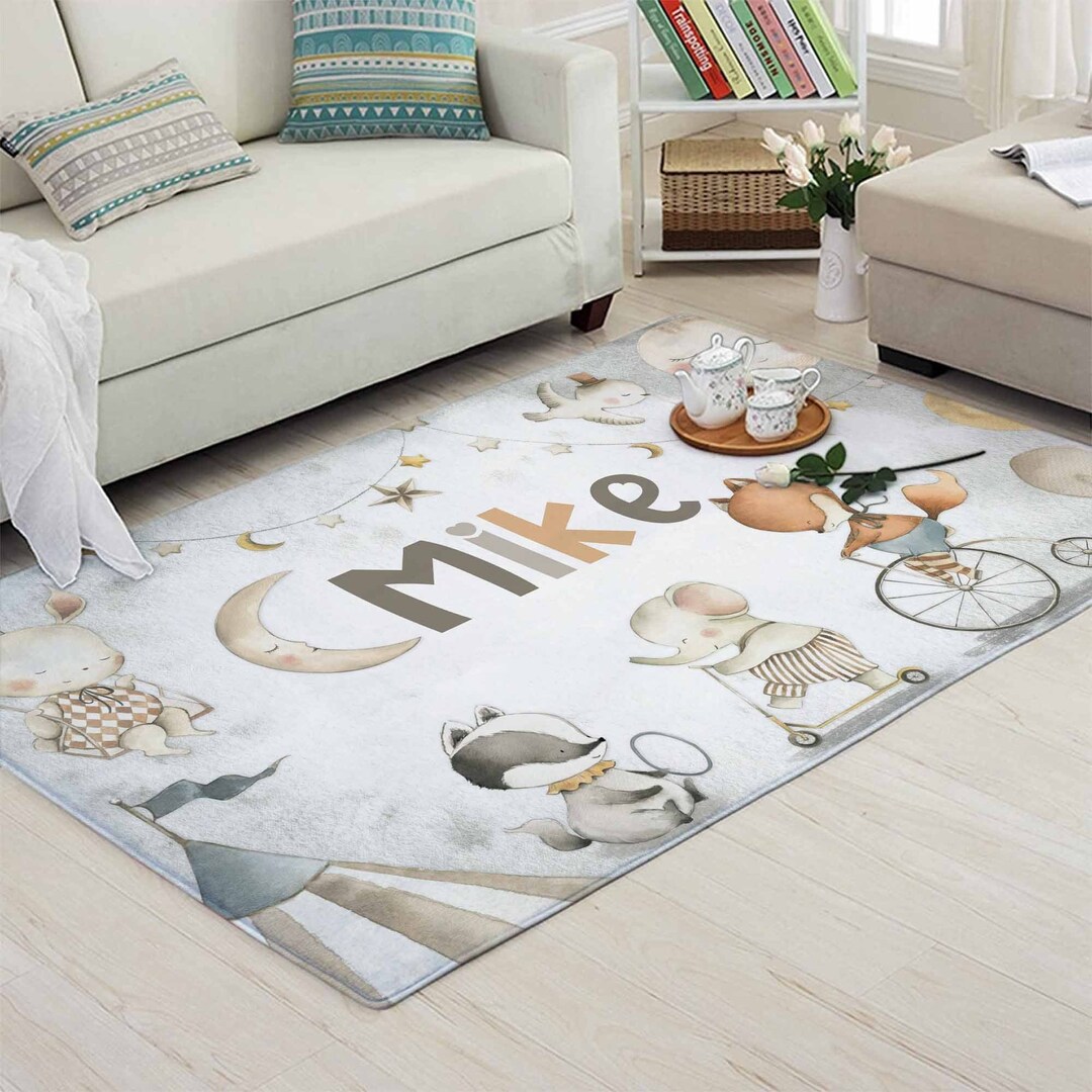 Safari Animals Circus Rug, Night Sky Nursery Carpet, Custom Name ...