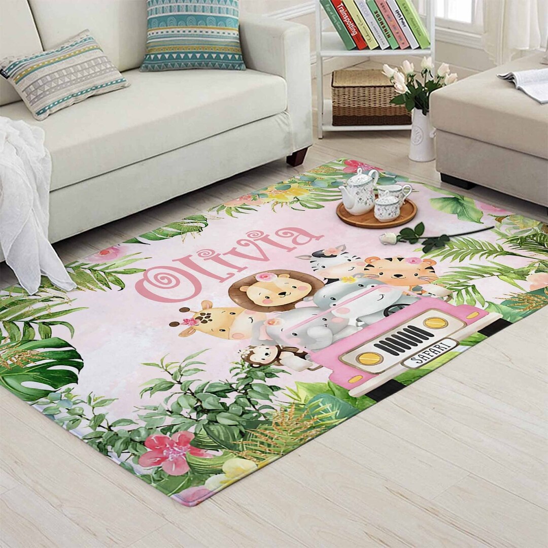 Safari Animals Mat, Floral Wild Animals Nursery Rug, Forest Jungle ...