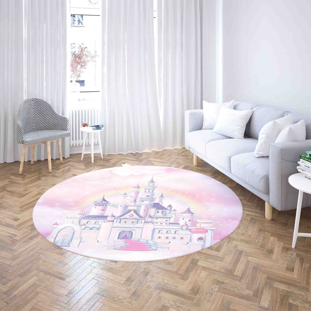 Pink Princess Castle Round Rug, Fairytale Nursery Carpet, Baby Shower ...