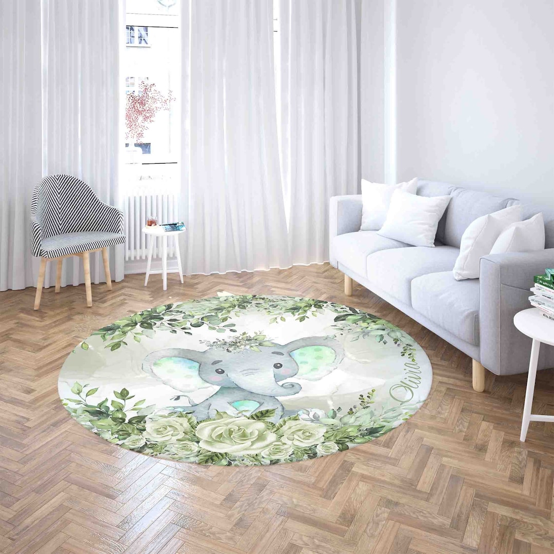 Baby Elephant Round Rug, Personalized Wild Animal Nursery Carpet ...