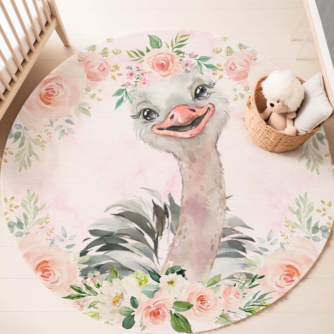 Ostrich Round Rug, Floral Nursery Carpet, Safari Animal Play Mat - Etsy