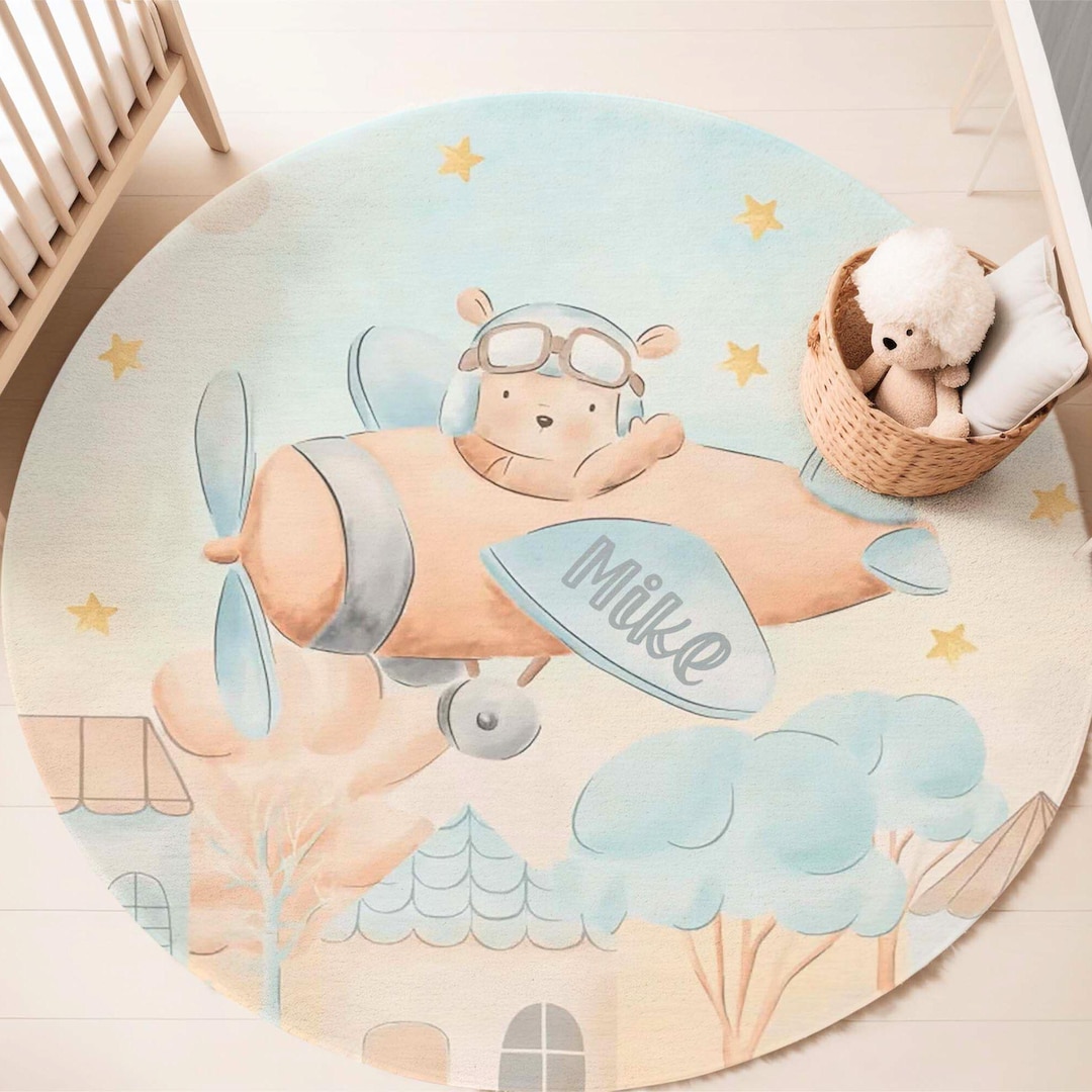 Little Aviator Rug Flying Airplane Round Carpet Custom Name Nursery Mat ...
