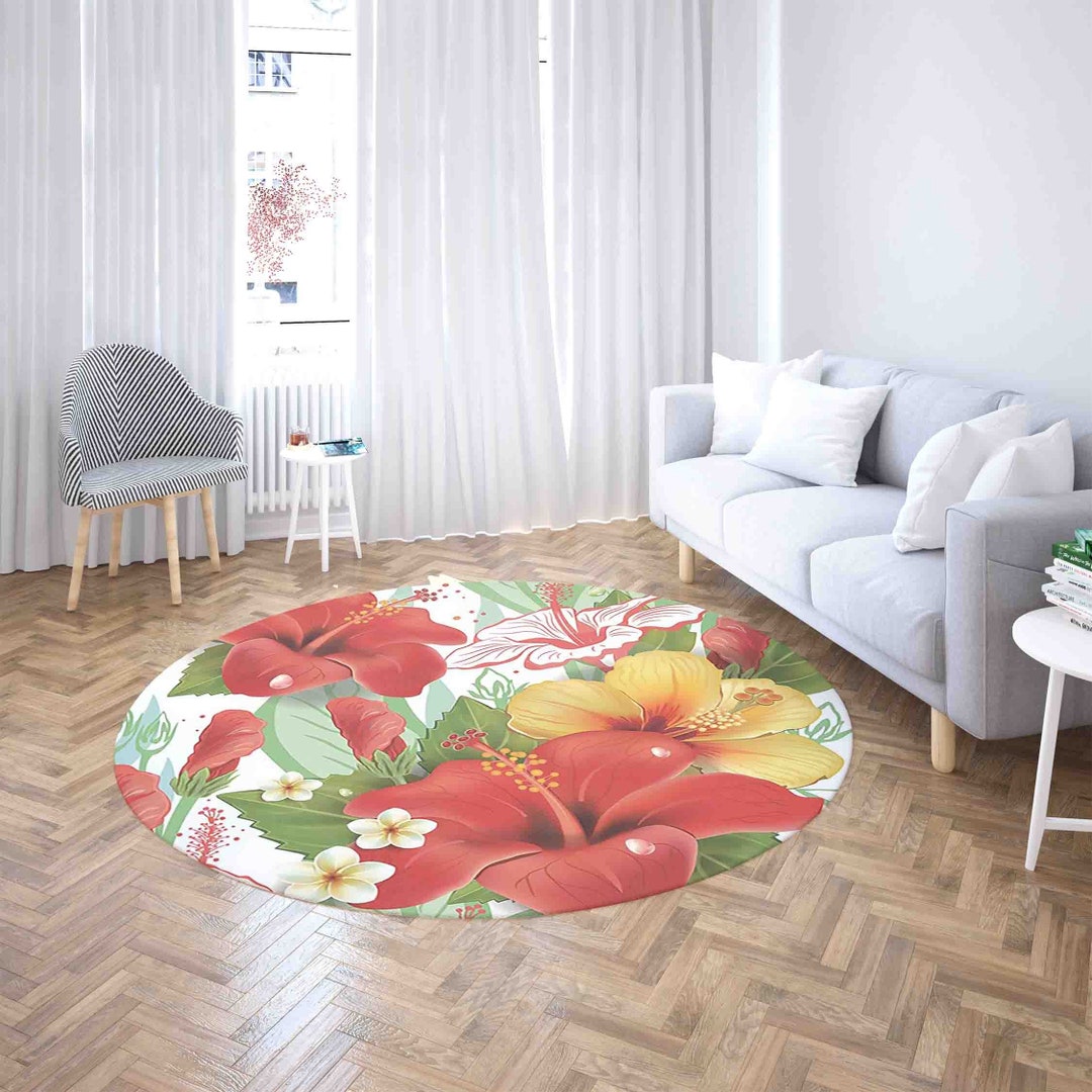 Hibiscus Round Carpet, Spring Flowers Rug, Cottagecore Home Decor, Kids ...