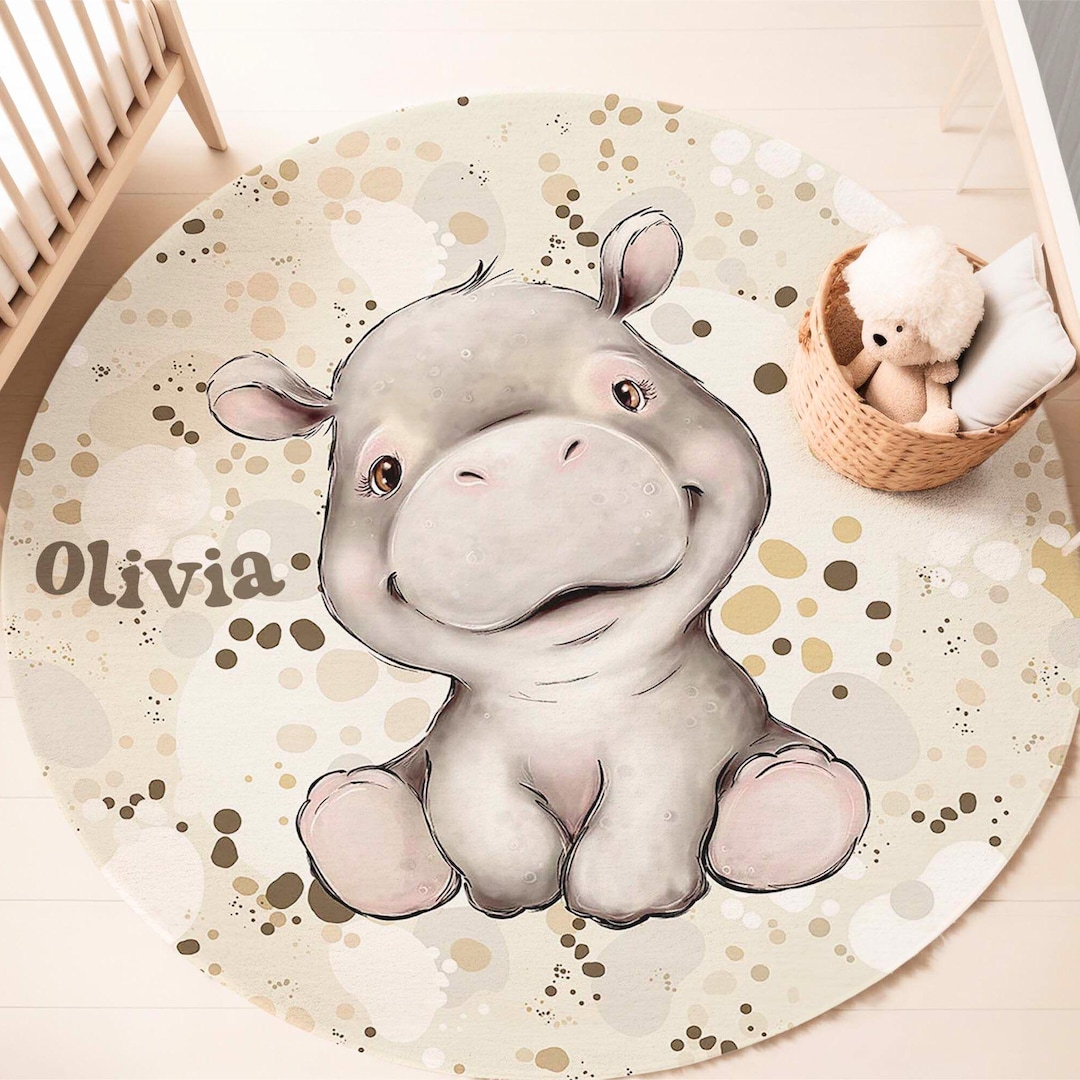 Baby Hippo Nursery Rug Safari Animals Round Carpet Baby Room Decor Wild ...