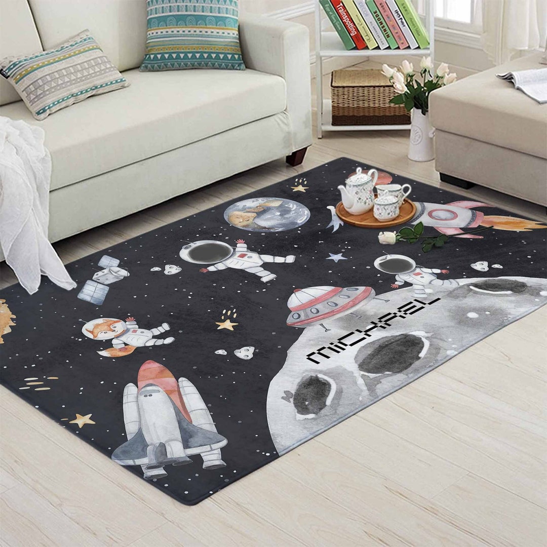 Space Moon Nursery Rug Astronaut Animal Carpet Custom Name Nursery Mat ...