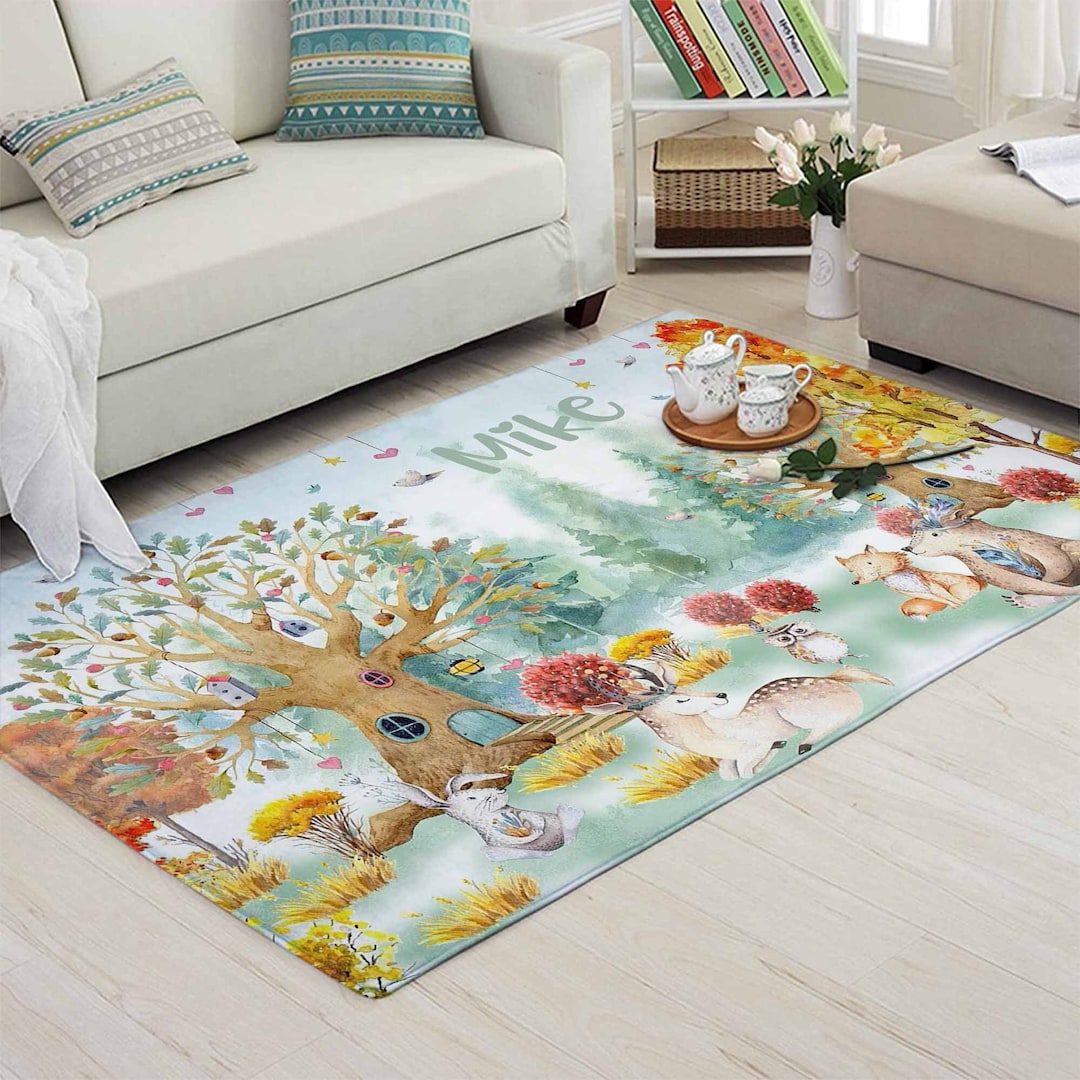 Woodland Animal Nursery Rug Forest Animals Carpet Custom Name Nursery ...
