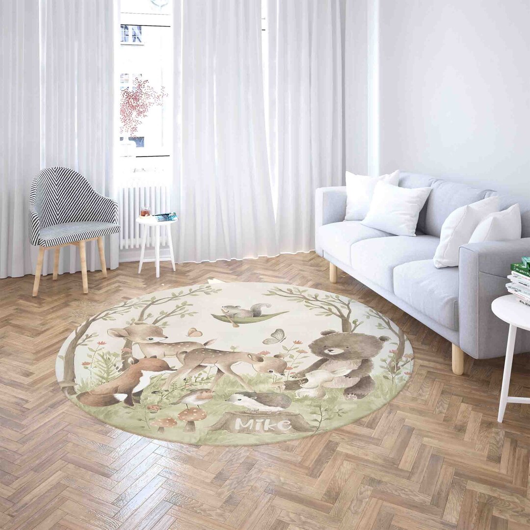Woodland Animals Nursery Rug Forest Animal Carpet Custom Name Round Mat ...