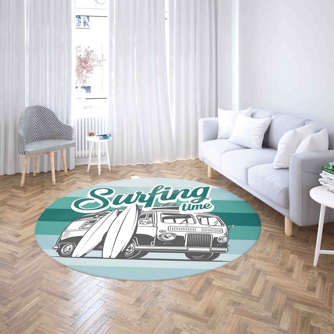 Surfing Time Round Rug, Custom Name Birthday Mat, Surfer Home Decor ...