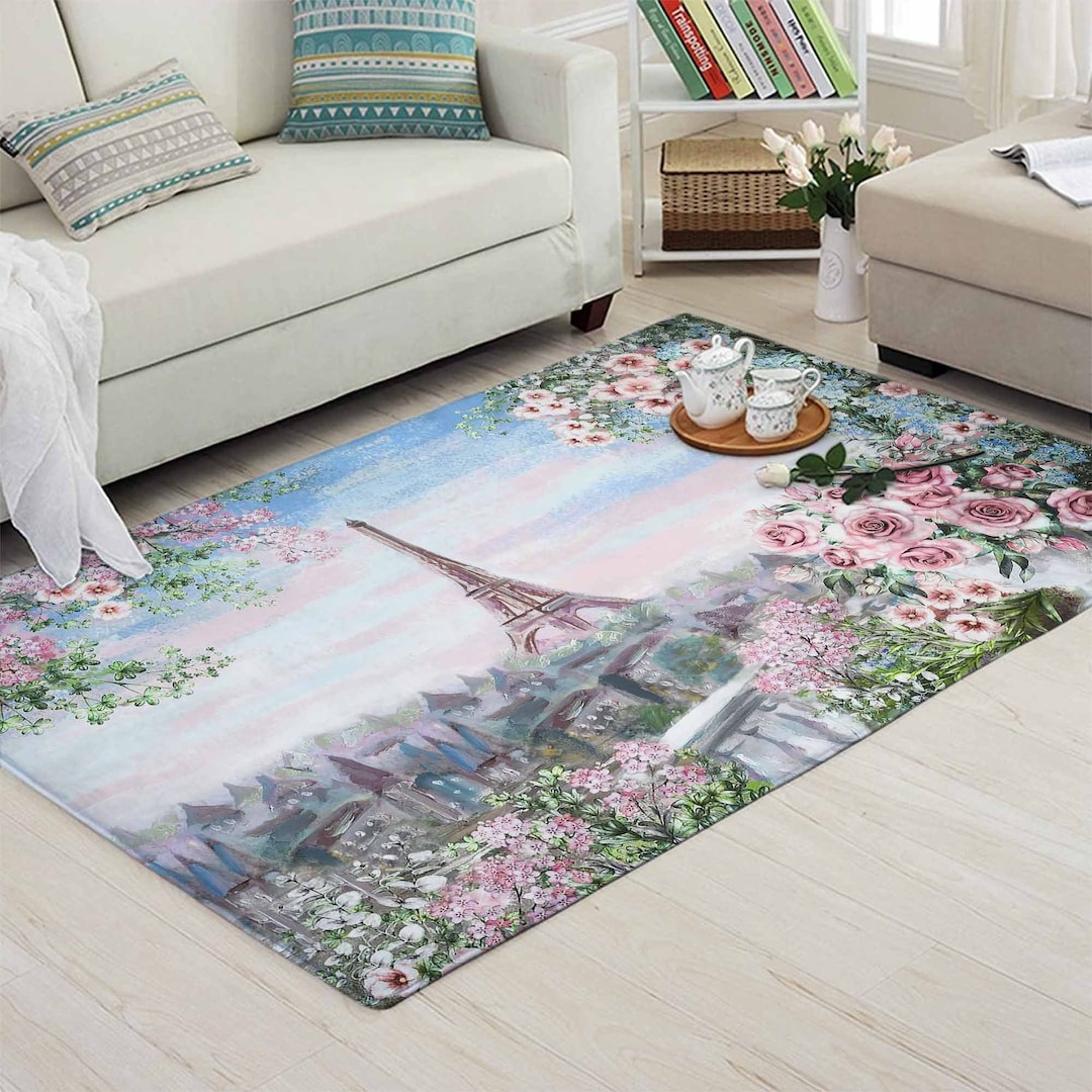 Eiffel Tower Rug Romantic Floral Paris Carpet Valentines Gift for Her ...