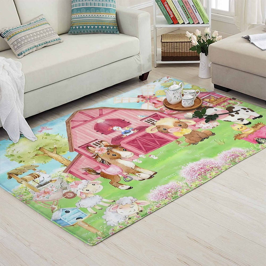Farm Animal Friends Nursery Rug Cow Pig Baby Boy Room Decor Animal ...