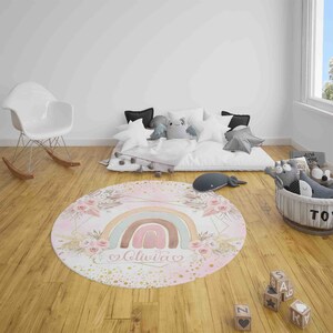 Boho Rainbow Round Rug, Personalized Floral Nursery Carpet, Spring Home ...