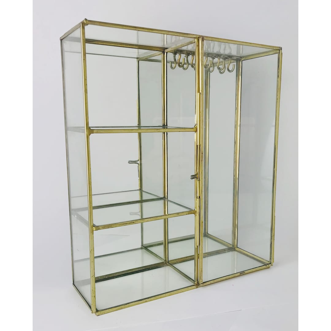 Vintage Brass and Glass Curio Display Hollywood Regency Elegance Brass ...