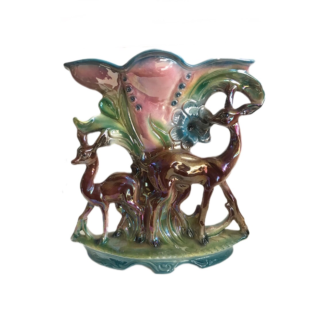 Large Vintage Lusterware Vase Two Deer Ceramic Mid Century Vase Art ...