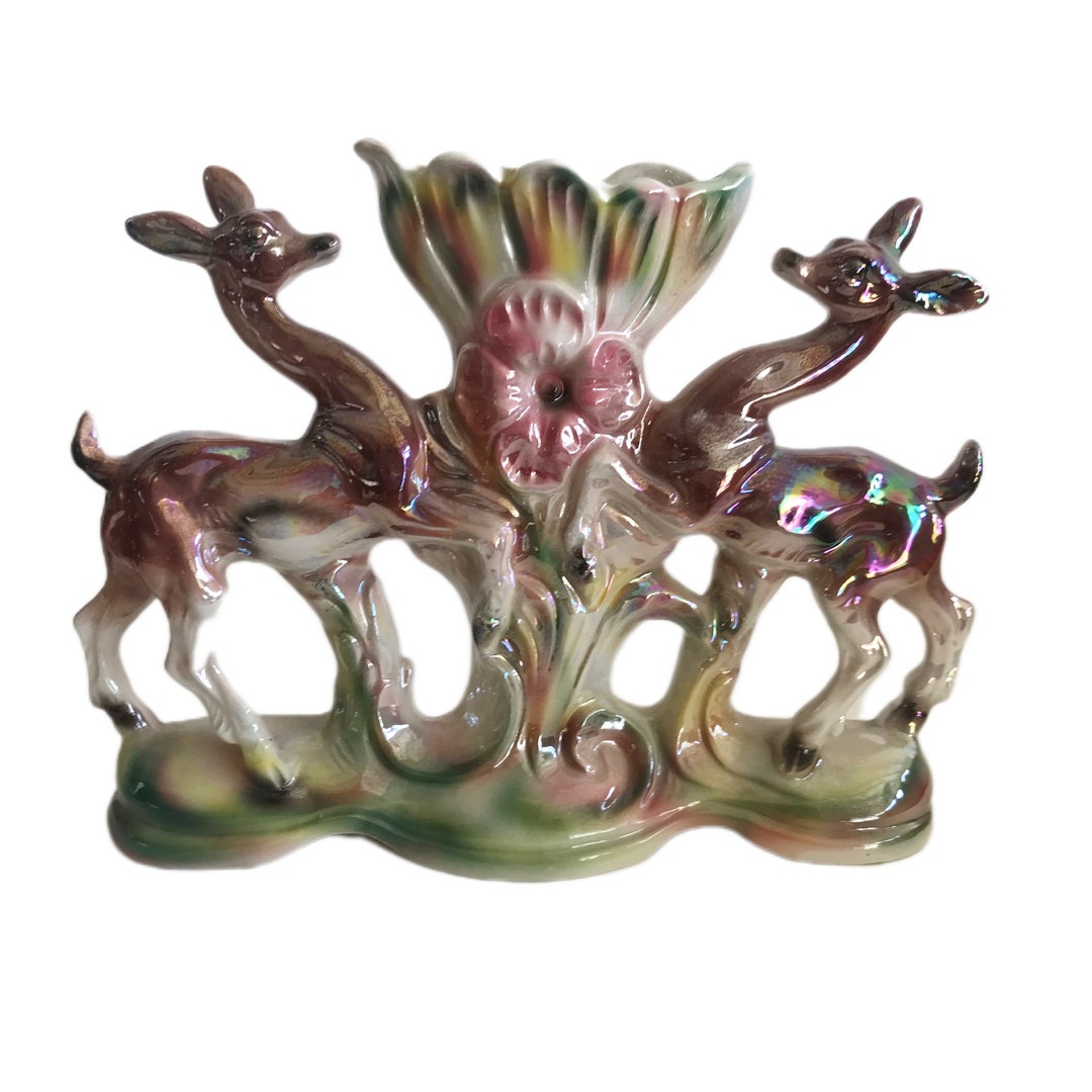 Large Vintage Lusterware Vase Two Deer Ceramic Mid Century Vase Art ...