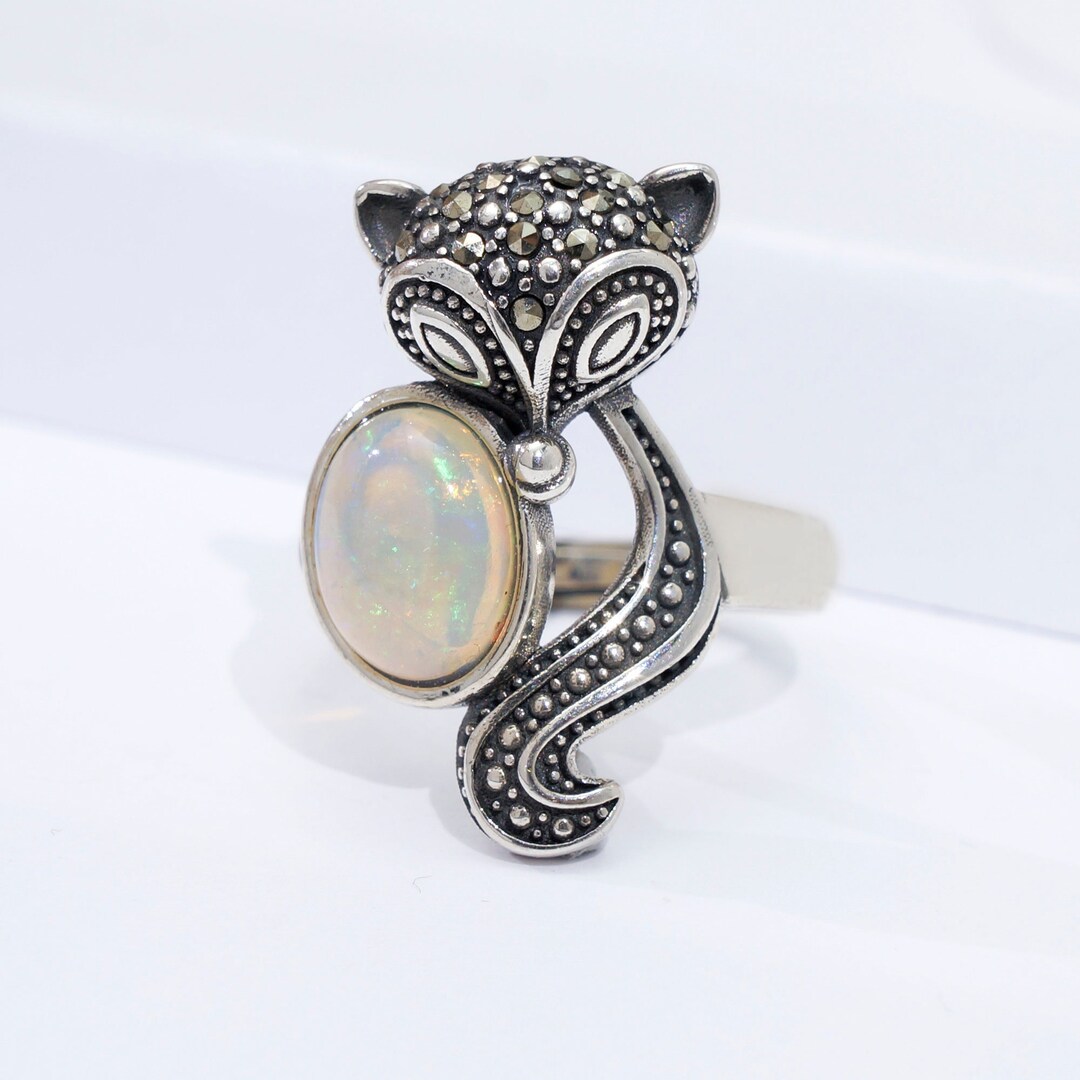 Dainty Opal Fox Ring,925 Sterling Silver Fox Ring Cat With Opal Ring ...