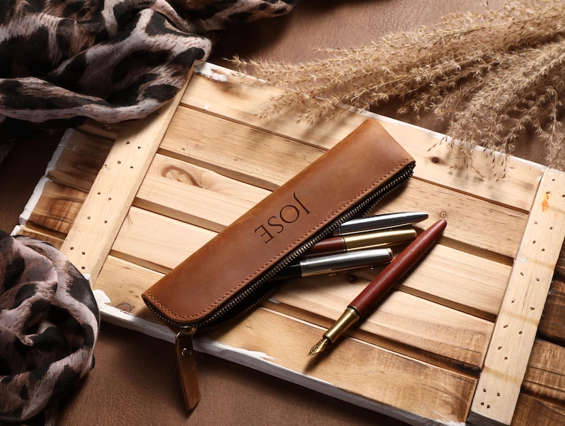 Personalized Leather Pen Pouch, Engraved Pencil Sleeve Holder, Pencil ...