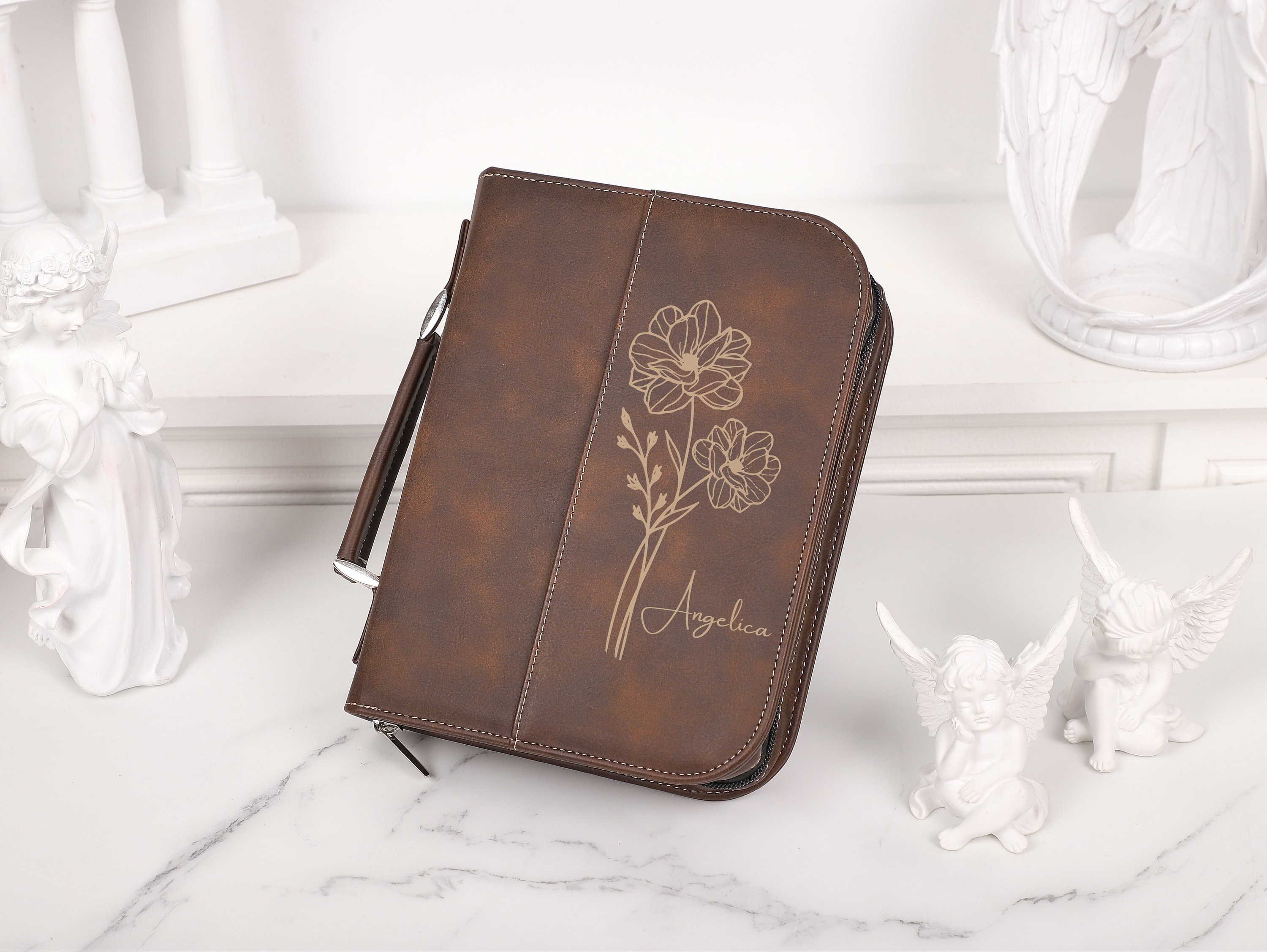 Custom Leather Bible Cover, Personalized Book Cover, Birth Flower ...