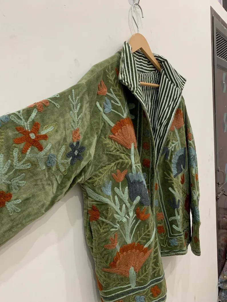 Boho Green Velvet TNT Suzani Jacket With Pocket | Winter Jacket ...
