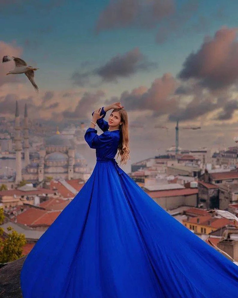 Full Sleeve Long Dress Flowy Long Train Photoshoot Dress Long - Etsy