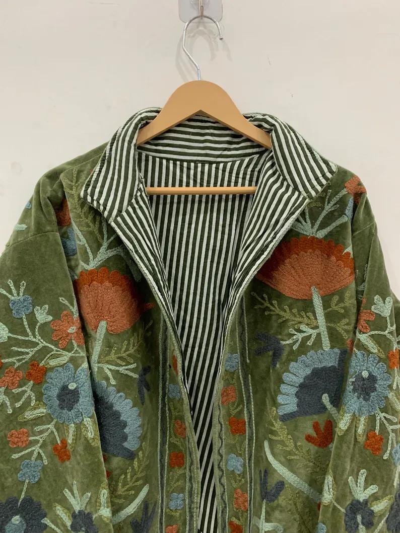Boho Green Velvet TNT Suzani Jacket With Pocket | Winter Jacket ...