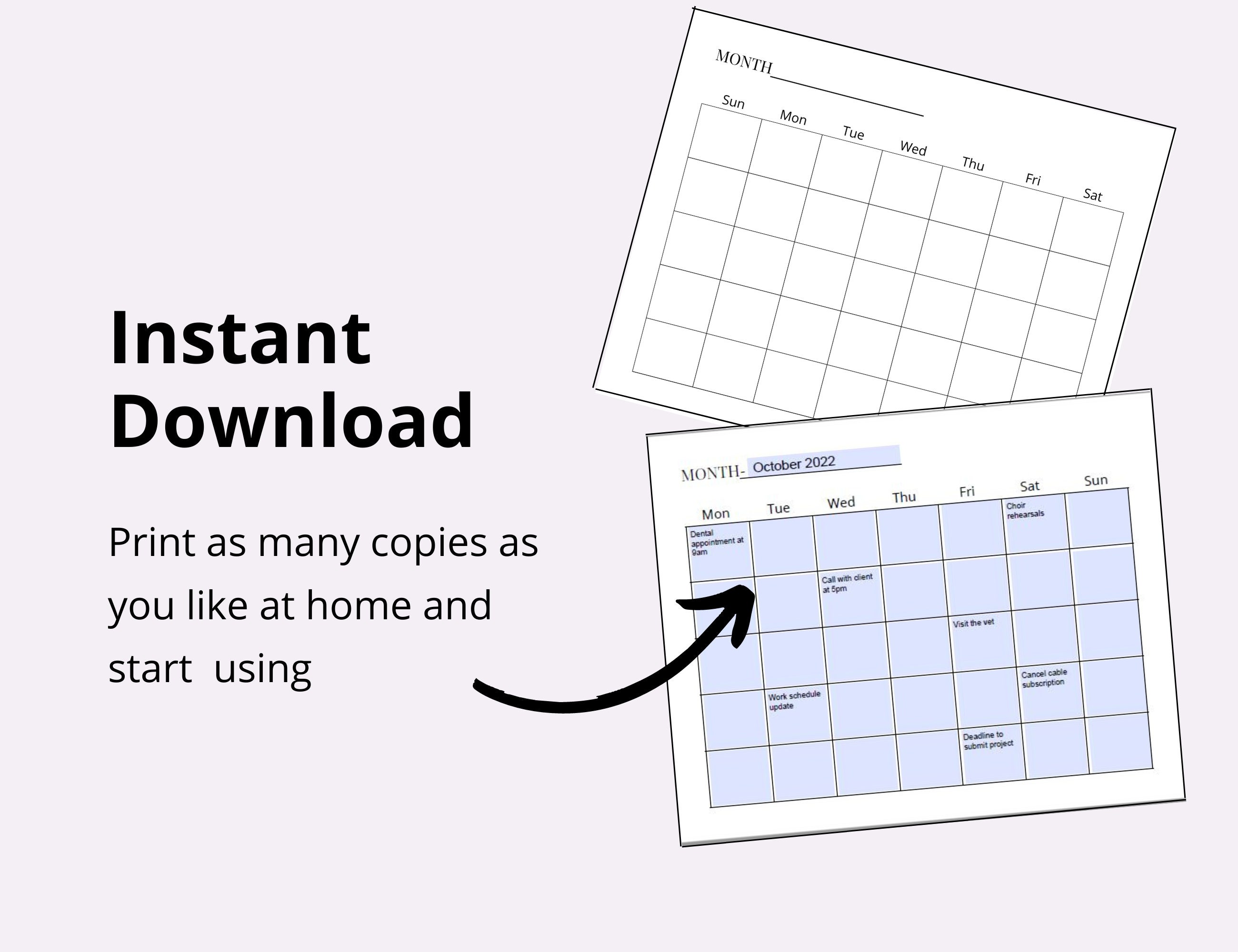Blank Monthly Calendar| Minimalist Calendar| Printable and Fillable ...