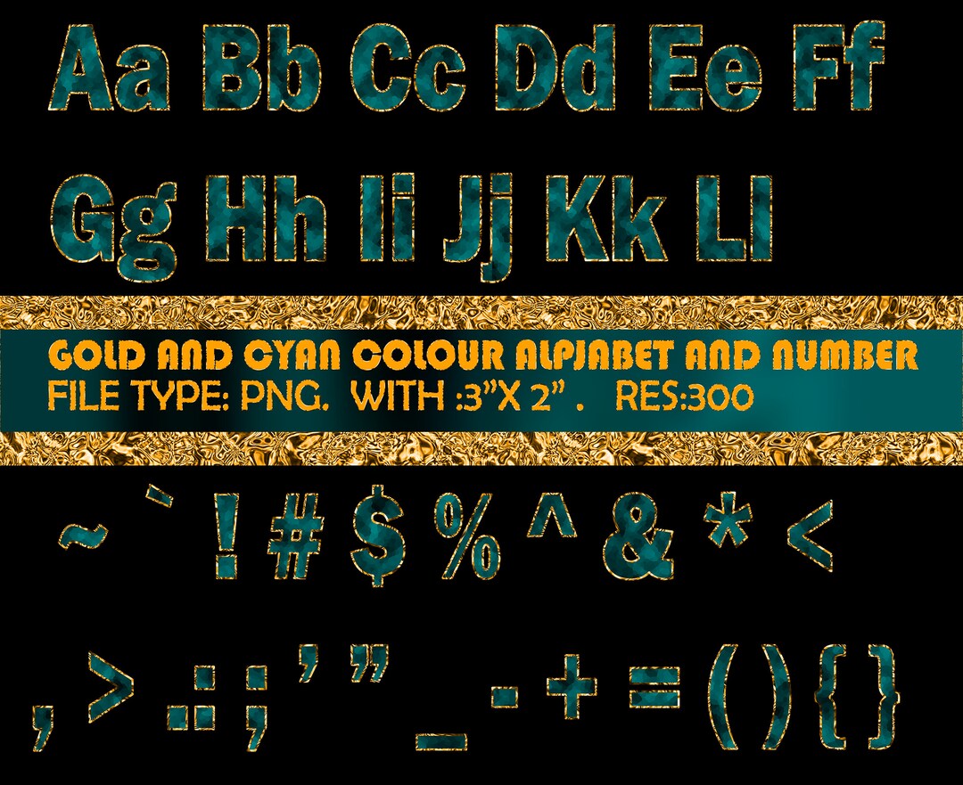 Gold and Cyan Alphabet Digital Clipart PNG File Format. - Etsy