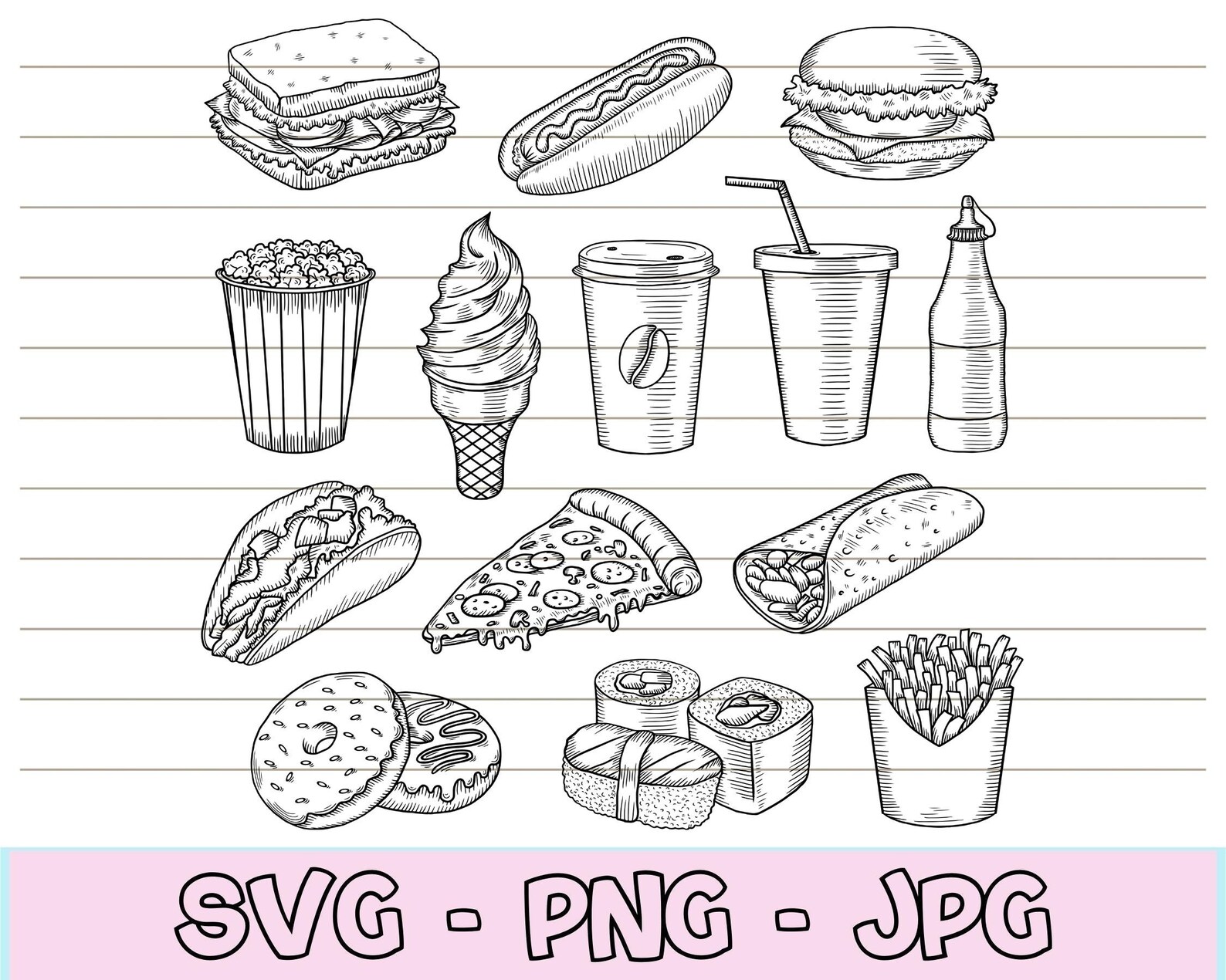 Fast Food Svg Food Doodle Clipart Breakfast Svg Food Svg - Etsy