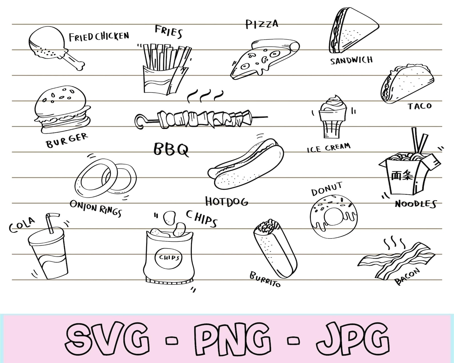 Fast Food Svg Food Doodle Clipart Breakfast Svg Food Svg | Etsy