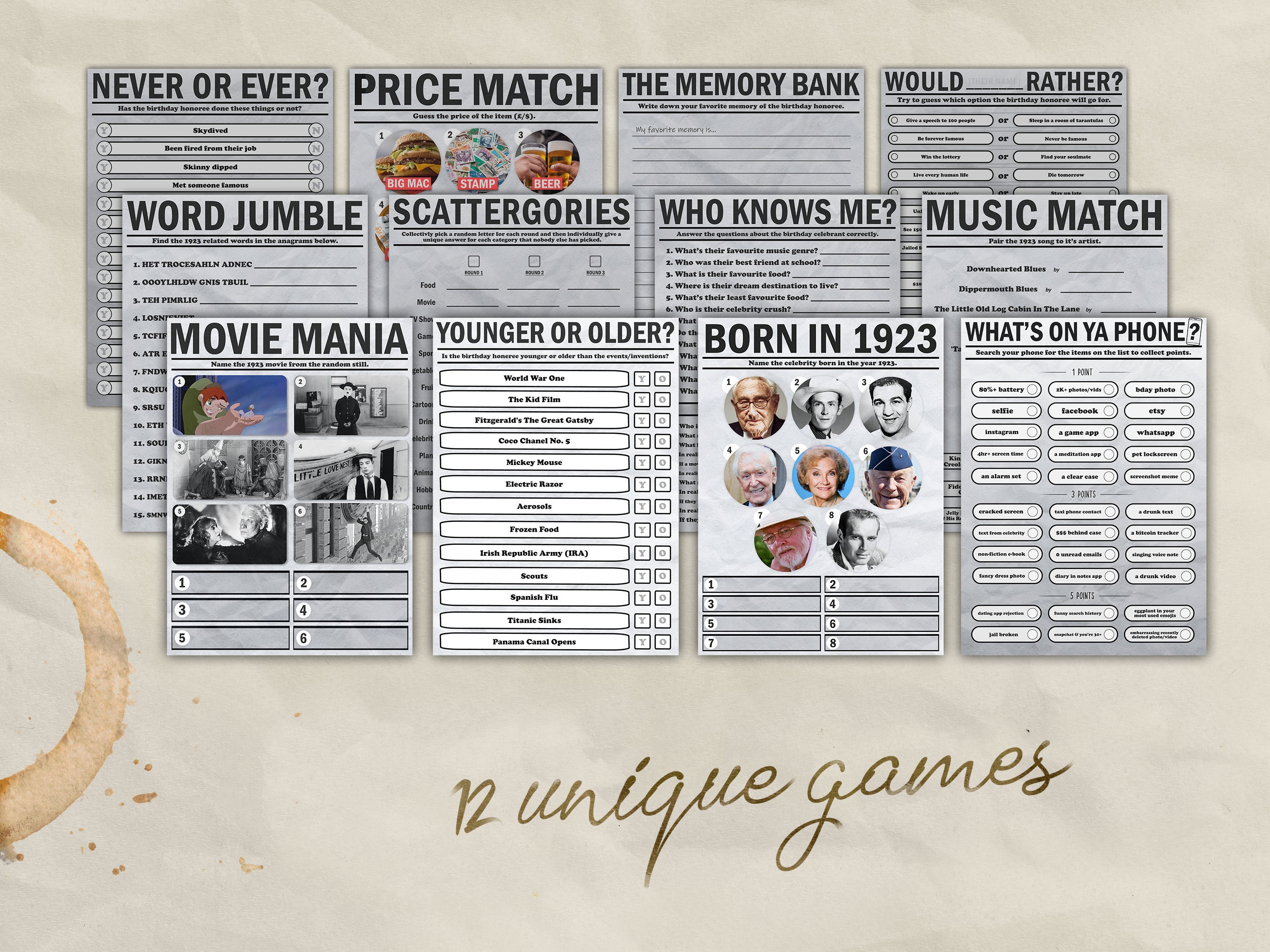 103rd Birthday Party Games: Born in 1923 Trivia (printable) - Etsy