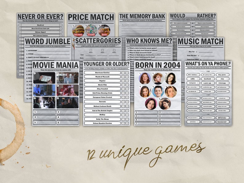 20th Birthday Party Games for Her Born in 2004 Games Bundle Printable ...