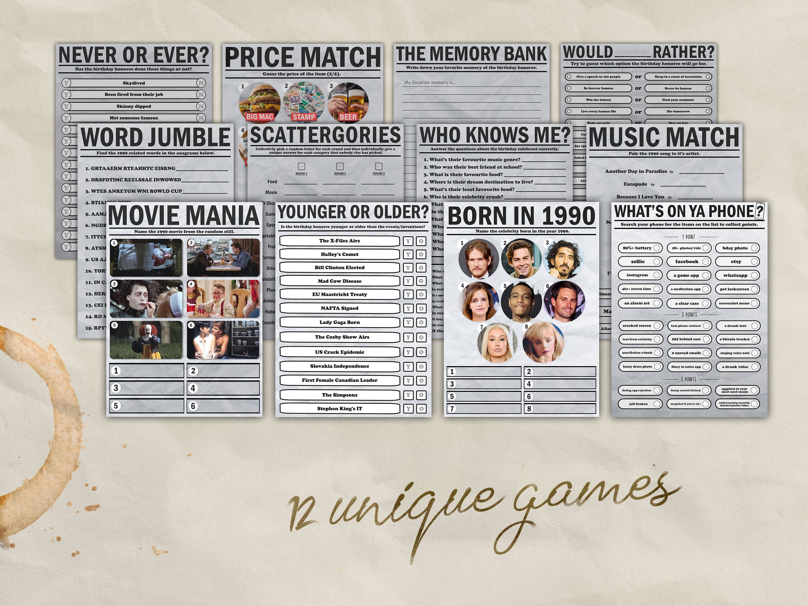 1990 Trivia 35th Birthday Games Bundle: 12 Printable Party Games ...