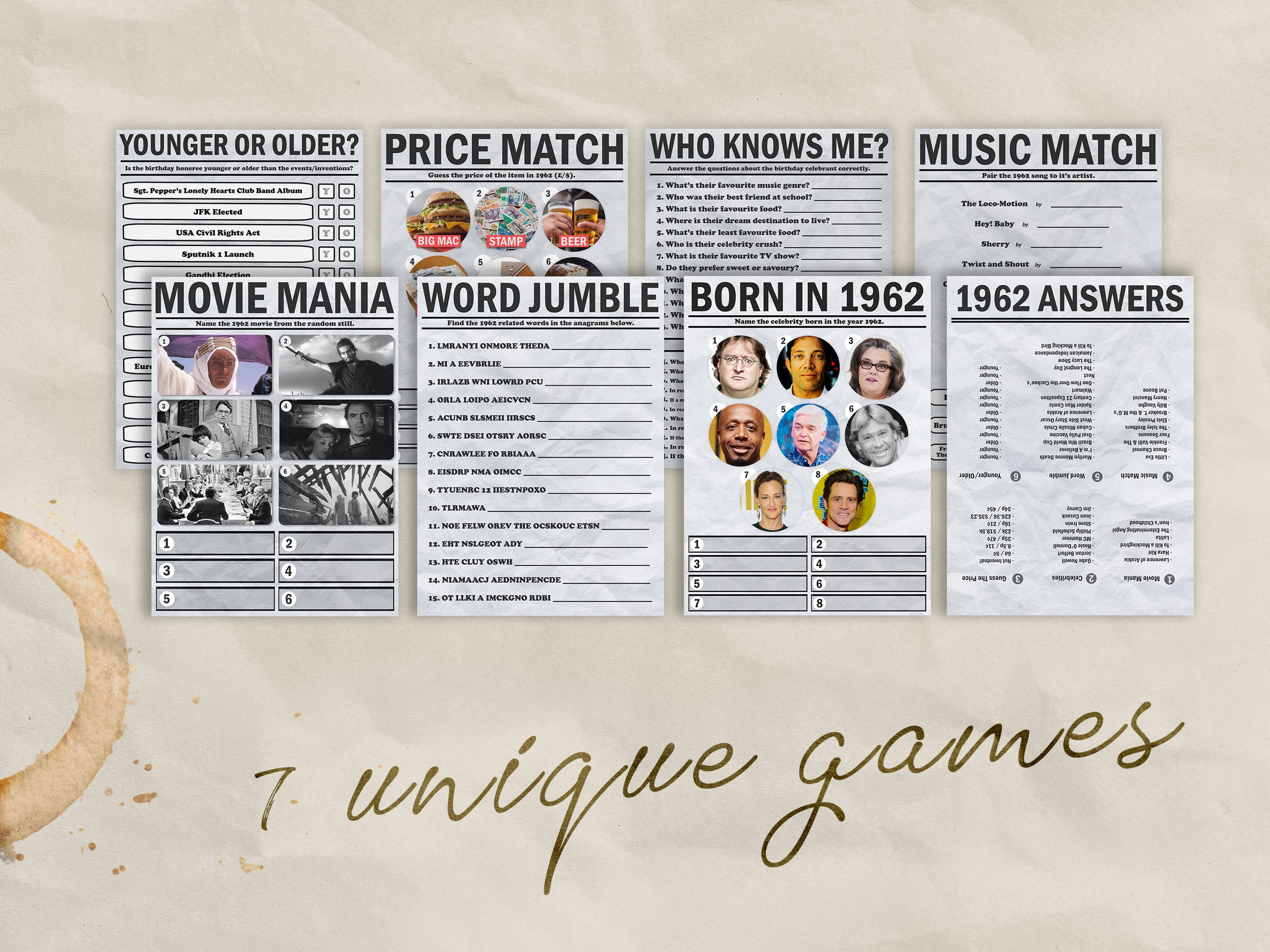 62nd Birthday Party Games for Him Born in 1962 Games Bundle Printable ...