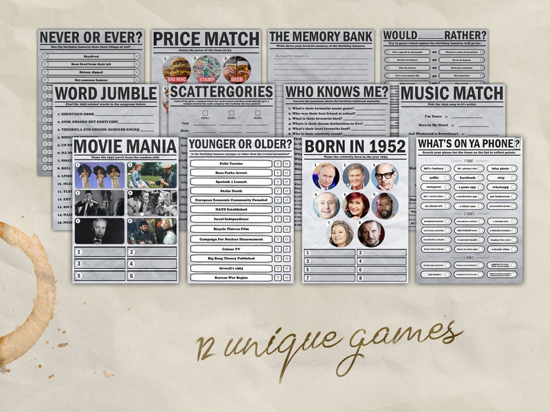 73rd Birthday Party Games Born in 1952 Games Bundle Printable Games ...