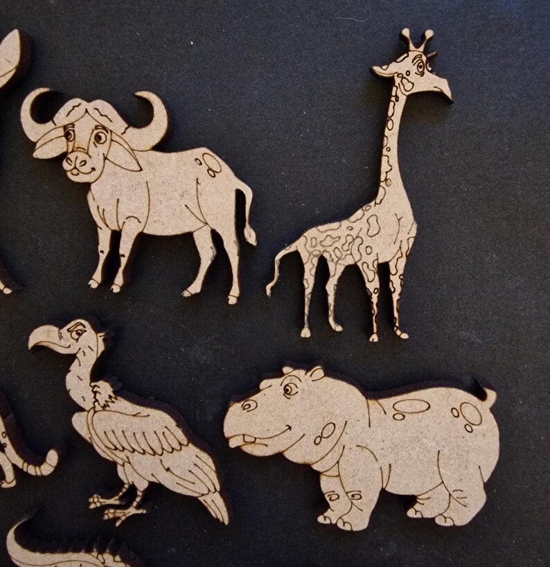 12x Detailed Zoo Animal Laser Cut MDF Craft Shapes Wooden Embellishment ...