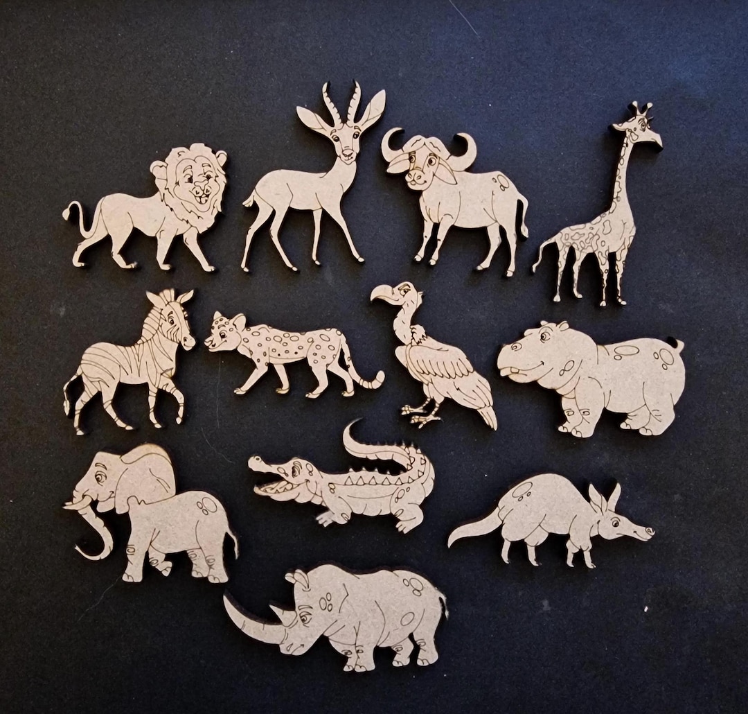 12x Detailed Zoo Animal Laser Cut MDF Craft Shapes Wooden Embellishment ...
