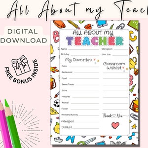 All About My Teacher Printable Questionnaire, Favorites Teacher Survey ...