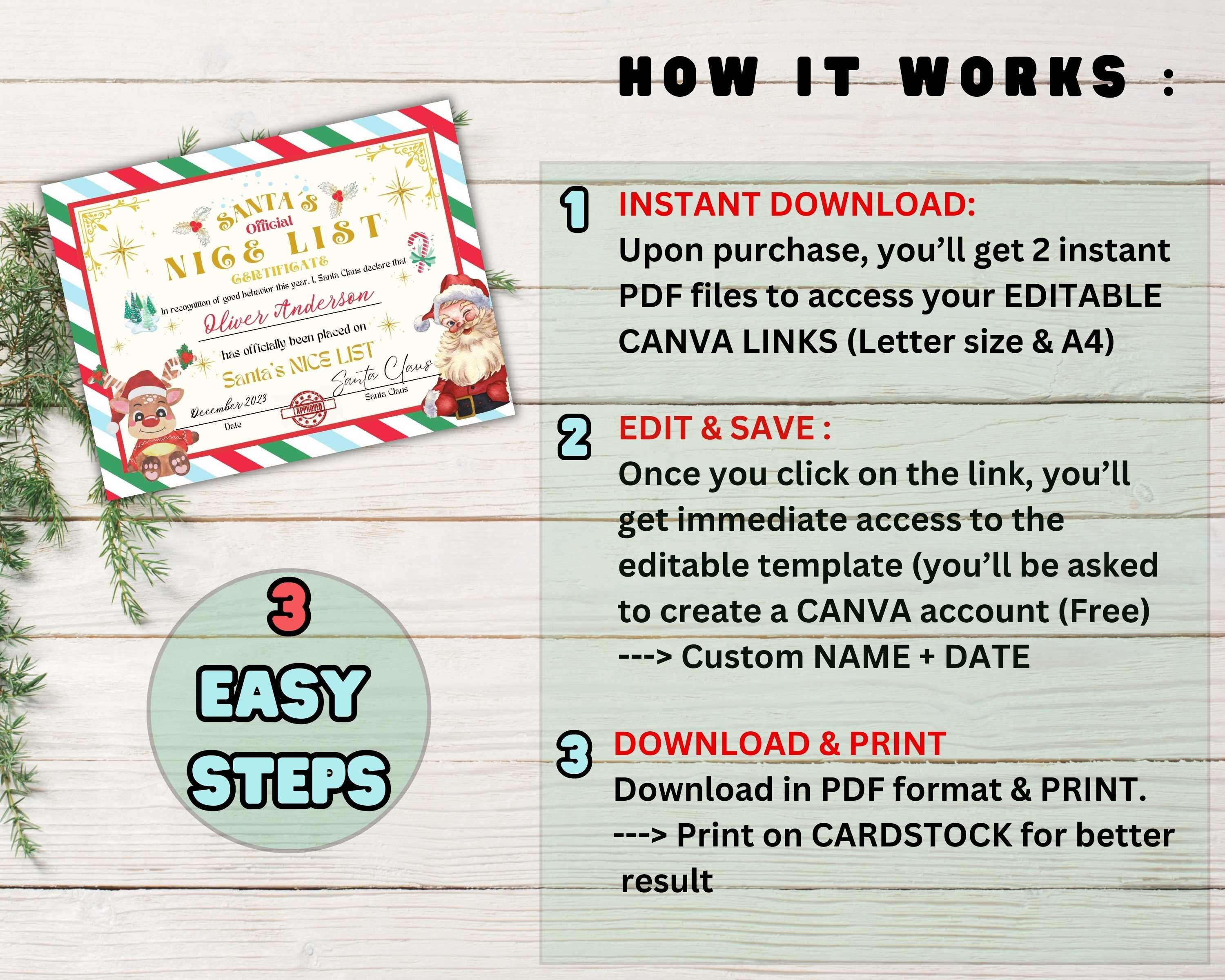 EDITABLE Santa Nice List Certificate Printable Christmas Eve Box Filler ...