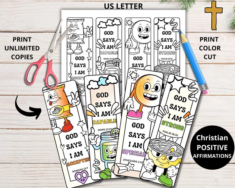 Christian Affirmations Coloring Bookmarks for Kids God Says I Am Bible ...