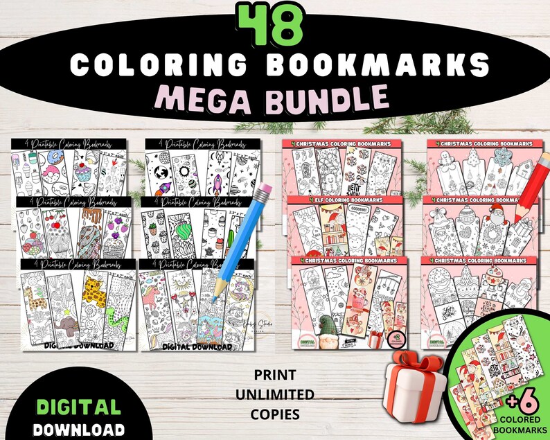 Printable Coloring Bookmarks BUNDLE, Cute Christmas Coloring Bookmarks ...