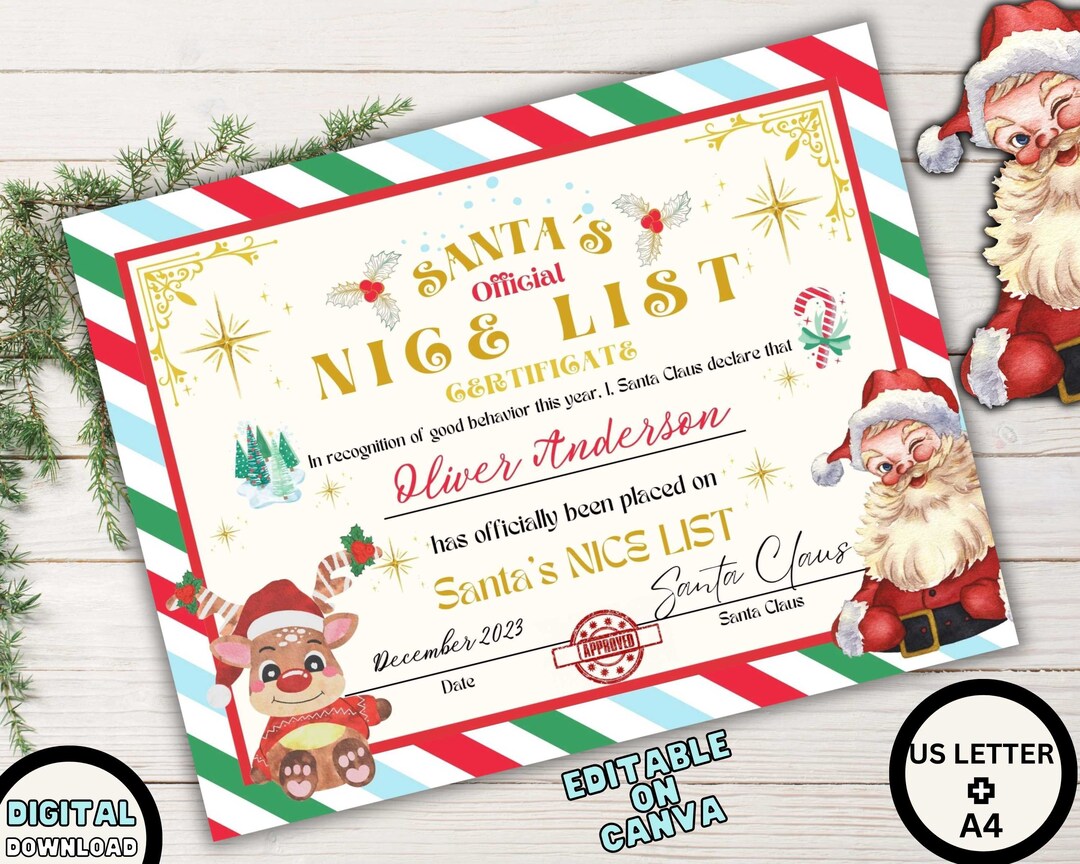 Santa Nice List Certificate EDITABLE Printable Christmas Eve Box Filler ...