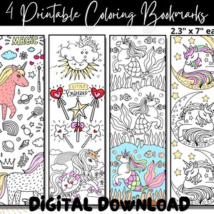 Printable Unicorn Coloring Page, Cute Girls Coloring Bookmarks, Digital ...
